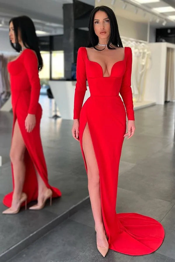Gorgeous Red Long Sleeves Evening Dress Mermaid V-Neck With Slit