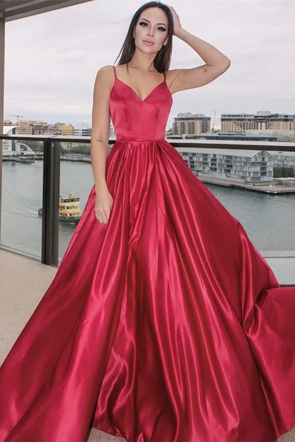 Modern Red Spaghetti-Straps Evening Dress Zipper Back