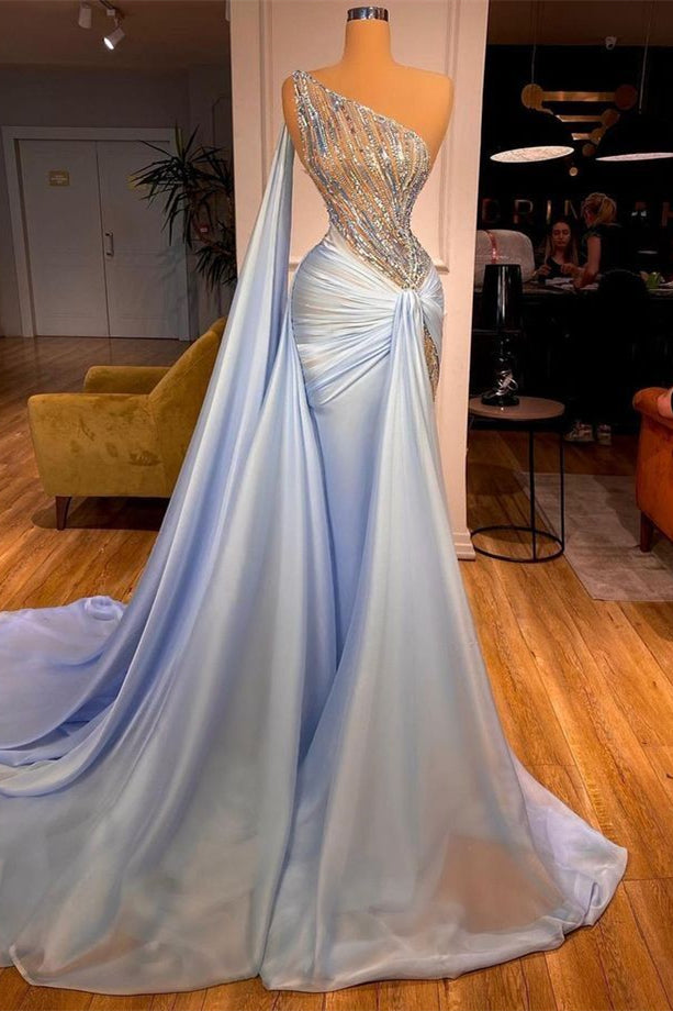 One Shoulder Mermaid Sequined Ruched Prom Dress with Watteau Train ...